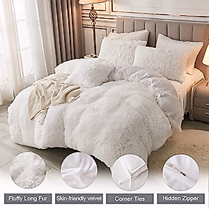 annadaif Plush Shaggy Duvet Cover, White Fluffy Comforter Cover Queen Size, Fuzzy Faux Fur Bedding Set with Zipper Closure, Luxury Ultra Soft 3 Pieces (1 Duvet Cover, 2 Pillowcases)