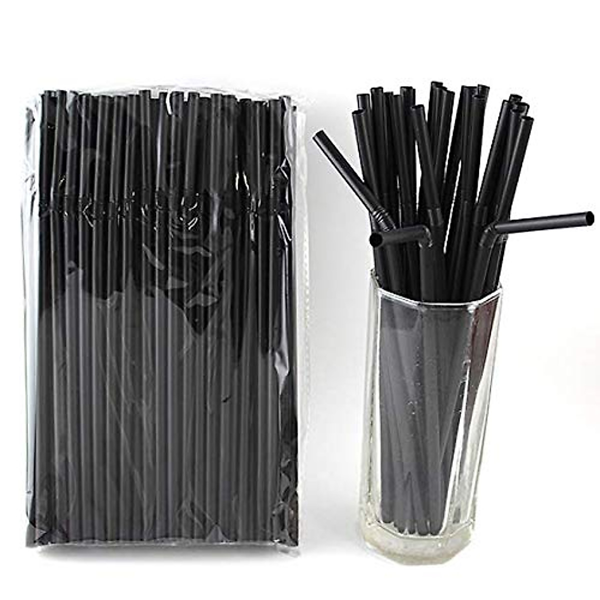 200Pcs Solid Colors Flexible Disposable Plastic Drinking Straws Plastic Disposable Bendy Straws Long Extendable Bendy Party Fancy Straws for Cocktails Coffee Milk Tea and Juice(Black-8.3Inch)