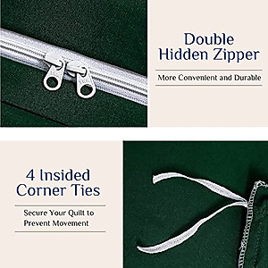 Argstar 3 Pieces Pleated Duvet Cover Queen Set, Forest Green Boho Textured Duvet Cover, 100% Washed Microfiber Soft Striped Comforter Cover With Zipper & Ties (1 Dark Green Duvet Cover, 2 Pillowcases)