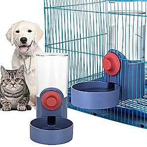 Automatic Food Feeder Water Dispenser, Removable Cage Hanging Food Water Bowl Bottle for Pet Dog Cat, Gravity Auto Food Feeder Waterer for Small Animals, Cat, Rabbit, Bird, Puppy (Waterer, Blue)