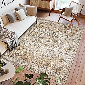 Area Rug 9x12 Living Room: Soft Large Washable Rugs with Non-Slip Rubber Backing Stain Resistant Modern Indoor Boho Vintage Carpet for Bedroom Dining Nursery Room Home Office (Beige/Brown)