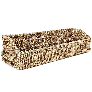 Set of 3 Wicker Round Storage Baskets for Shelves with Rectangular Seagrass Tray (Brown)