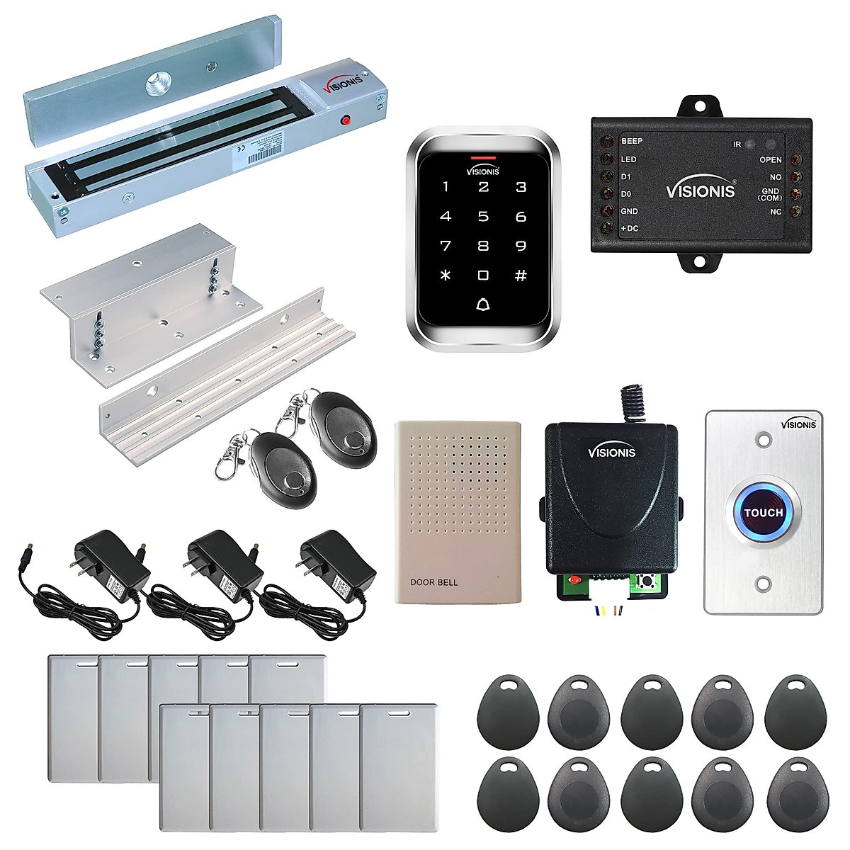 Visionis FPC-5292 One Door Access Control in Swinging Door 600lbs Maglock with VIS-3000 Outdoor Keypad/Reader with Mini Controller, No Software, EM Card, 1000 Users, Wireless Receiver with PIR Kit