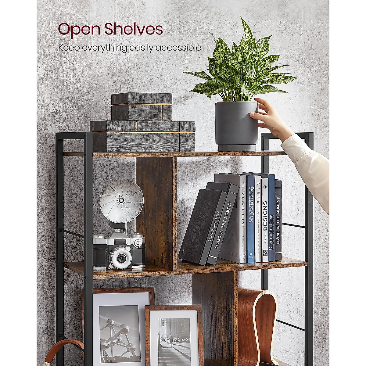 VASAGLE Bookshelf, 5-Tier Bookcase, Storage Shelving Unit, Display Shelf with Open Compartments for Living Room, Home Office, Bedroom, Industrial, Rustic Brown and Black ULBC121B01