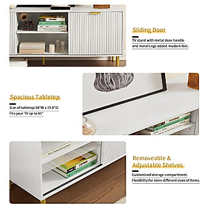 Okvnbjk TV Stand for 65+ Inch TV, Modern Living Room Entertainment Center with Storage Cabinets, Waveform Panel Wood Media Console with Ajustable Shelves & Cable Management for Bedroom, White