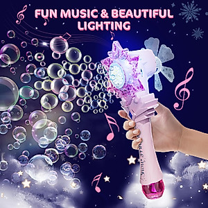 VATOS Bubble Wands 2 Packs for Kids, Automatic Bubble Blower Machine, Light & Music Snowflake Bubble Wand with 2 Windmill & 4 Bottles Bubble Solutions, Bubble Toy for Toddler Girl Boys Adult Party