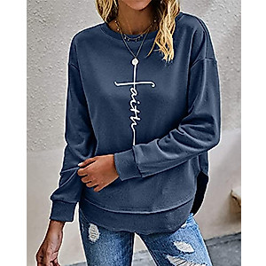 Womens Casual Funny Faith Spirituality Graphic Crewneck Sweatshirt Long Sleeve Loose Pullover Tops Shirts (Navy,Medium,US,Alpha,Medium)