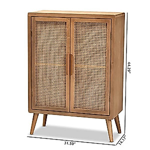 Baxton Studio Mid-Century Brown Oak Finished Wood and Rattan Storage Cabinet