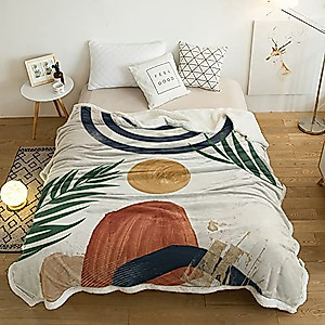Mid Century Sherpa Flannel Throw Blankets,Boho Abstract Leaf Thick Reversible Plush Fleece Blanket for Bed Couch Sofa,Geometric Minimalist Aesthetic Ultra Soft Comfy Warm Fuzzy TV Throws 40x50in