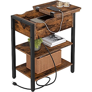 HOOBRO End Table with Charging Station, Narrow Side Table, Flip Top Nightstand with USB Ports and Outlets, Bedside Tables with Shelf for Small Spaces, Living Room, Rustic Brown BF341BZ01