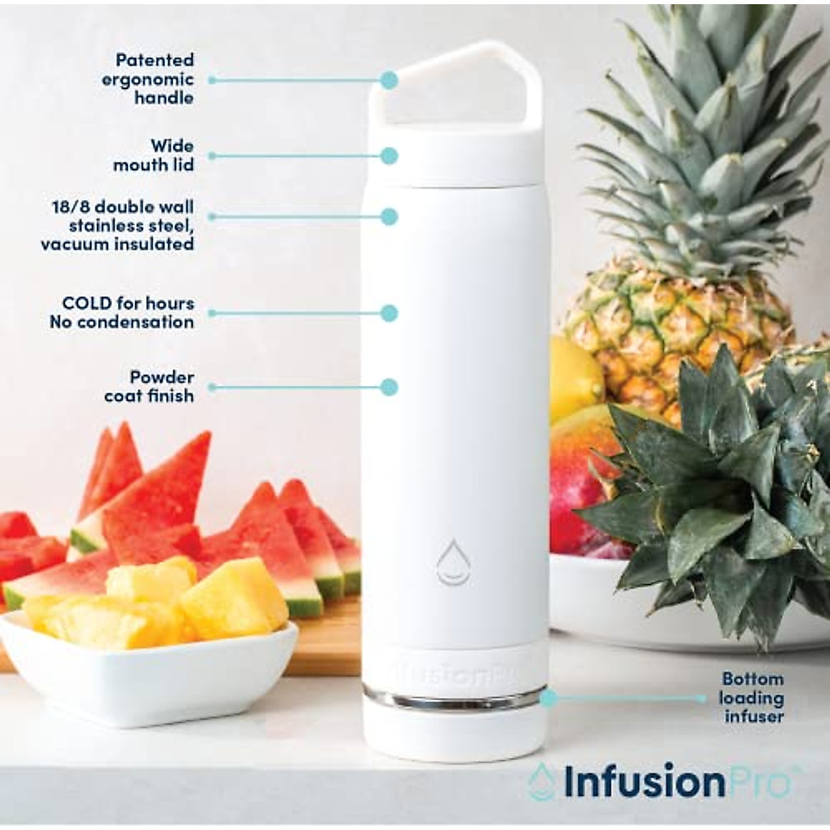 Infusion Pro Fruit Infuser Water Bottle Vacuum Insulated (20 oz) Stainless Steel : Fruit Infusion Recipe eBook : Bottom Loading Water Infuser for More Flavor : Easy Cleaning : Great Gift Water Bottle
