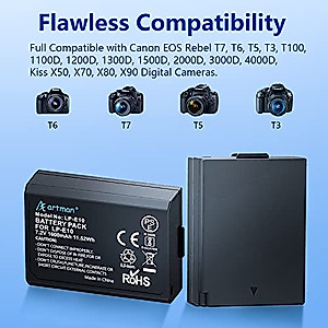 Artman Upgraded LP-E10 Battery and Dual LCD Charger for Canon EOS Rebel T6 T7 T3 T5 T100, EOS 1100D/1200D/1300D/2000D, Kiss X50 Kiss X70 Camera(2-Pack 1600mAh)