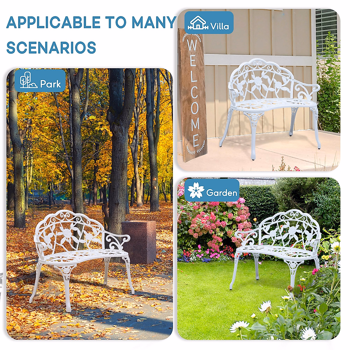 Sun-Ray Outdoor Patio Bench with Rose Detail in White, Cast Aluminum and Cast Iron Bench for Garden, Park, Patio, & Deck
