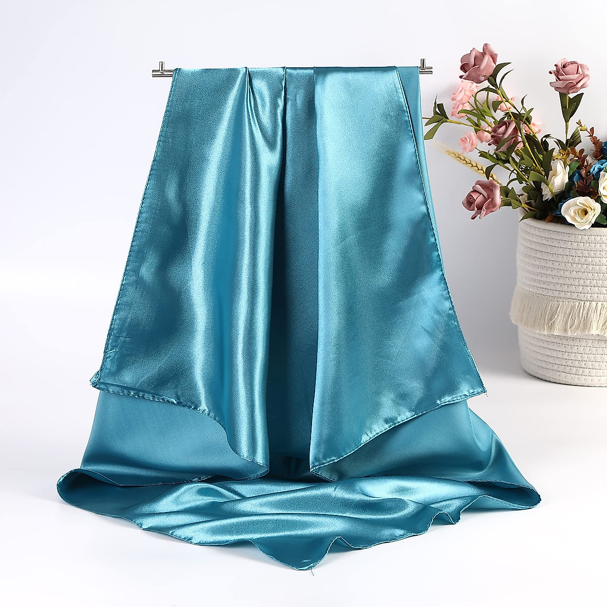 CHLINS 35" Satin Square Hair Scarf Bandanas - 3Pcs Large Silk Head Scarves Lightweight Satin Hair Kerchief Sleeping Hair Wraps (Jujube Red + Skin Powder + Haqing)