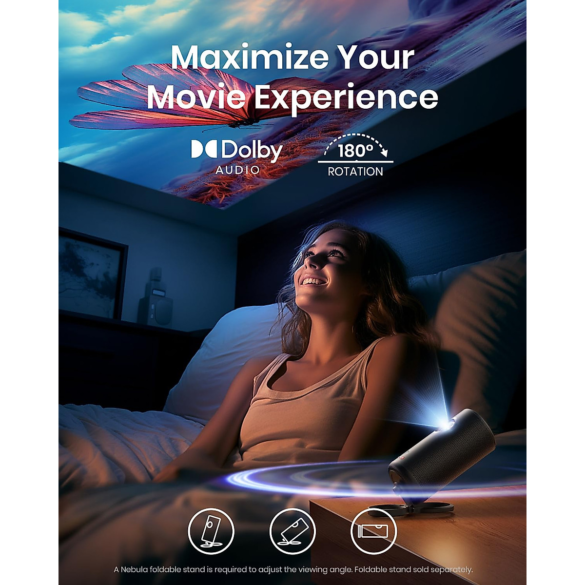 Nebula Anker Capsule 3 Laser 1080p, Smart, Wi-Fi, Mini Projector, Black, Portable Projector, Laser Projector, Autofocus, 120-Inch Picture, Built-in Battery, 2.5 Hours of Playtime (Renewed)