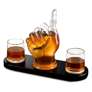 Thumbs Up Whiskey Decanter Set - with Two 10 oz Whisky Glasses - on Rich Wood Mahogany Base Tray - Business Gift Set - Whiskey/Wine Dispenser for Liquor, Scotch, Bourbon, Vodka - 32oz - Bezrat