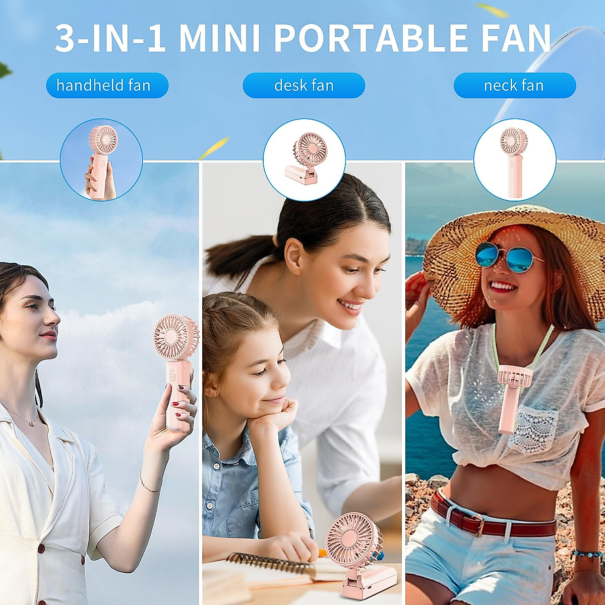 LIEWET Mini Handheld Fan, Neck Fan, Portable Fan Rechargeable, 2500mAh Rechargeable USB Fan, 180° Adjustable,3 Speed Personal Small Desk Fan, Strong Airflow, Super Quiet Pink