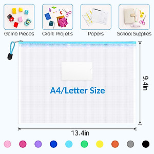 Sooez 20 Pack Zipper Pouch, Mesh Zipper Pouch with Label Pocket, Durable Pouches for Organization, Board Game Storage, Zipper Bag Waterproof, Document Bag Letter/A4