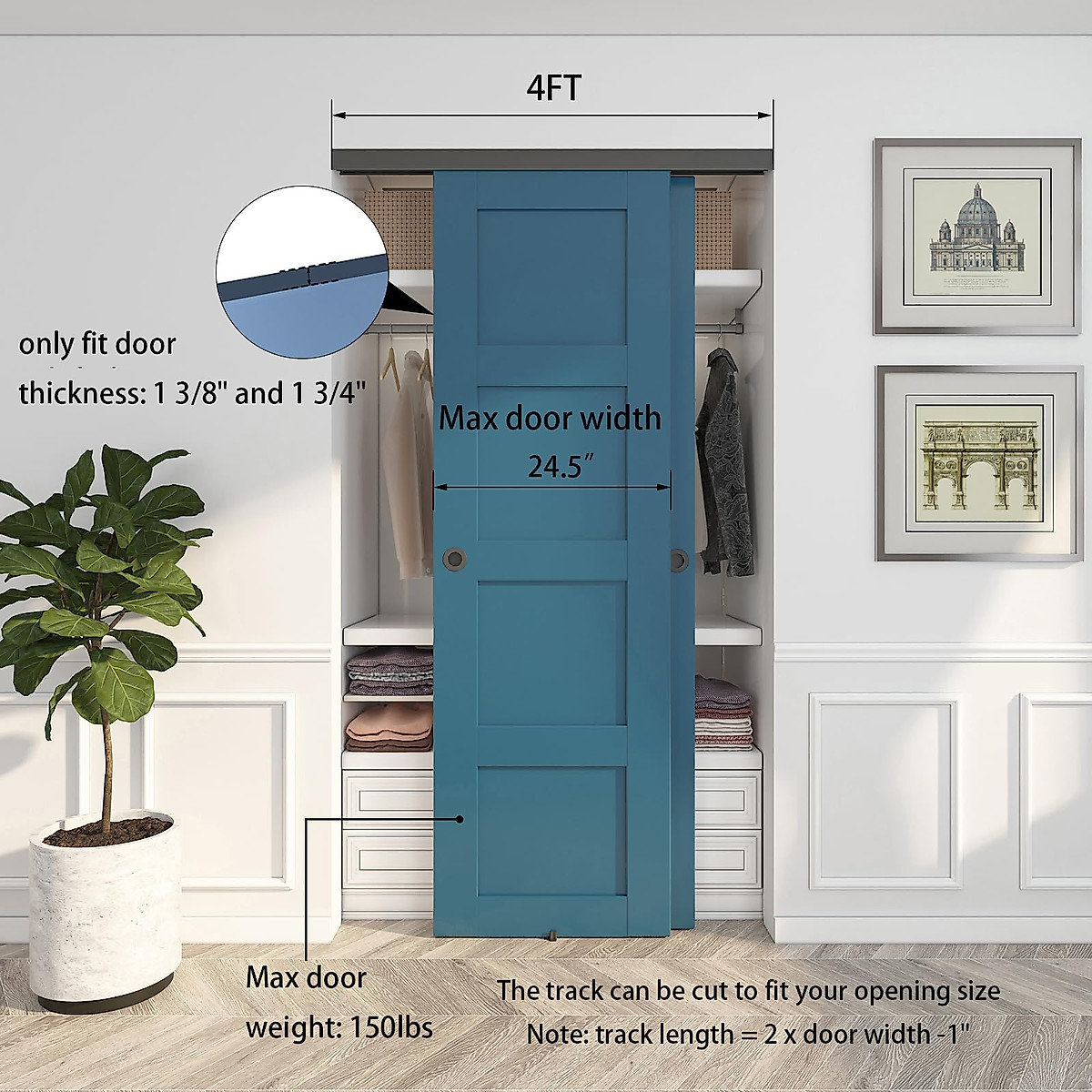 JUBEST 4FT Heavy Duty Bypass Door Hardware with Finger Pulls,Sturdy Aluminum Sliding Closet Door Track for 2 door System,Quietly and Smoothly,Fit Door Thickness 1 3/8" or 1 3/4",Easy to Install, Black