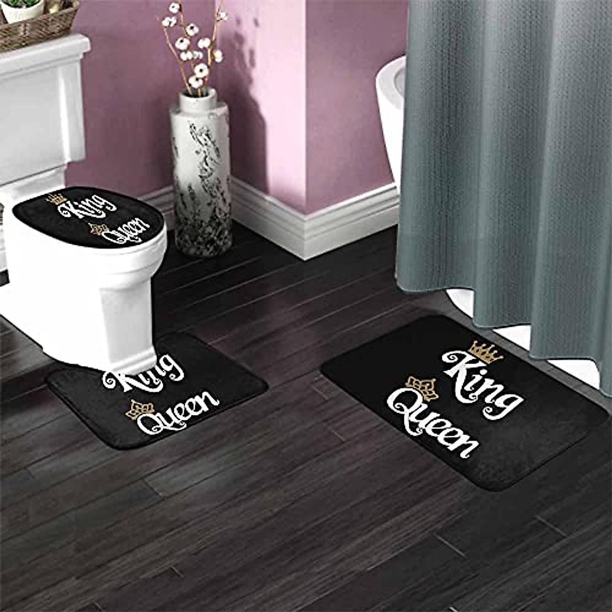 AOYEGO King and Queen Bathroom Rugs Set of 3 Couple Design Black Background Non Slip 31.5X19.7 Inch Soft Absorbent Polyester for Tub Shower Toilet