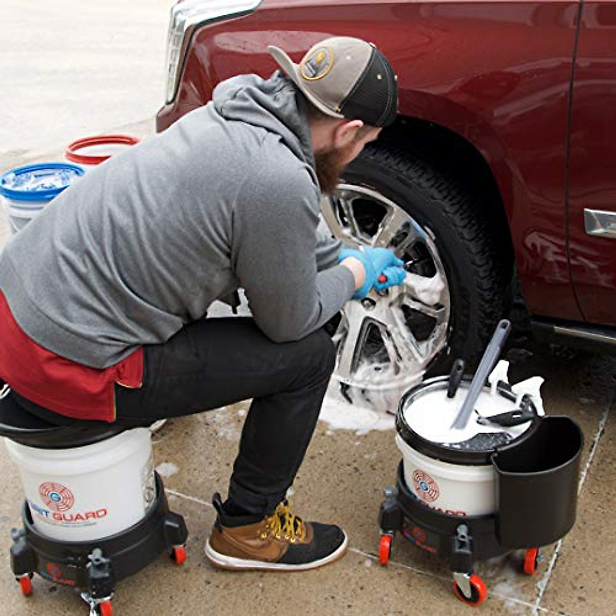 Grit Guard 5 Gallon Washing System with Dolly, Including Grit Guard, 5 Gallon Bucket, Bucket Dolly, and Gamma Seal Lid (Red)