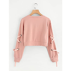 SweatyRocks Women's Casual Lace up Long Sleeve Pullover Crop Top Sweatshirt Solid Pink Small