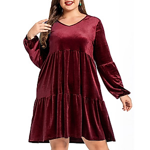 EORANF Womens Plus Size Velvet Dress Long Sleeve Christmas High Waist Dresses Ruched V Neck Tea Party Dress Wine Red 3XL