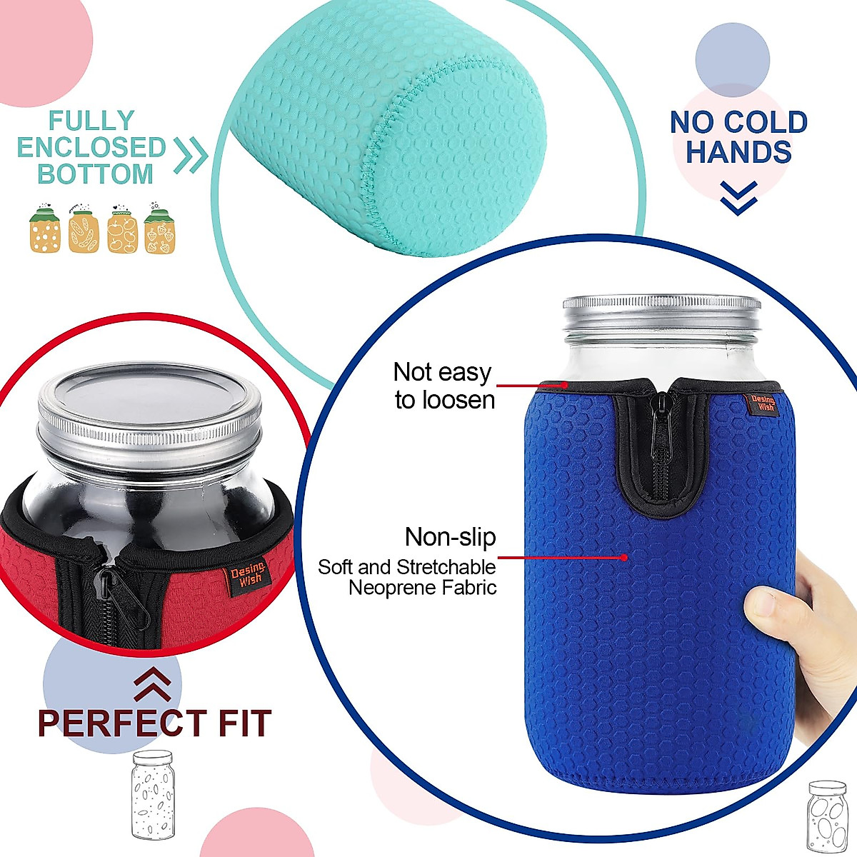 Desing Wish 64 oz Wide Mouth Mason Jar Neoprene Sleeve, 64oz Non-slip Cozy Insulated Glass Jars Protector Holder Sleeves 4.3 x 7.5 Inches - 4 Pack (Orange/Green/Cyan/Grey)