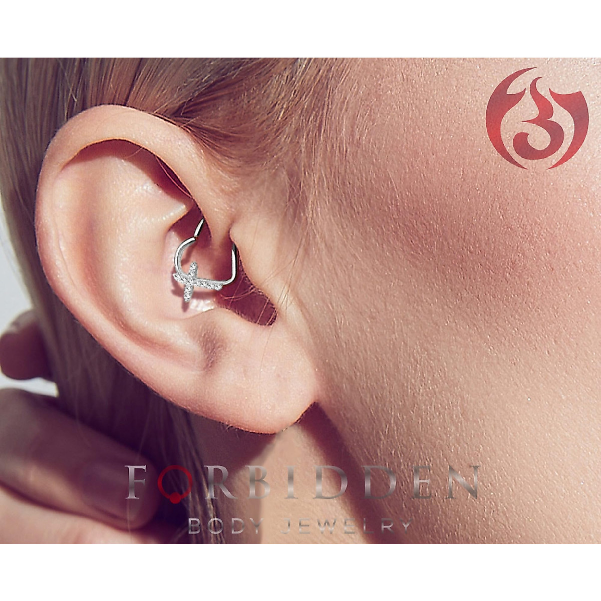 Forbidden Body Jewelry Platinum Plated Heart w/CZ Cross Daith & Cartilage Hoop Earring (Right Ear)