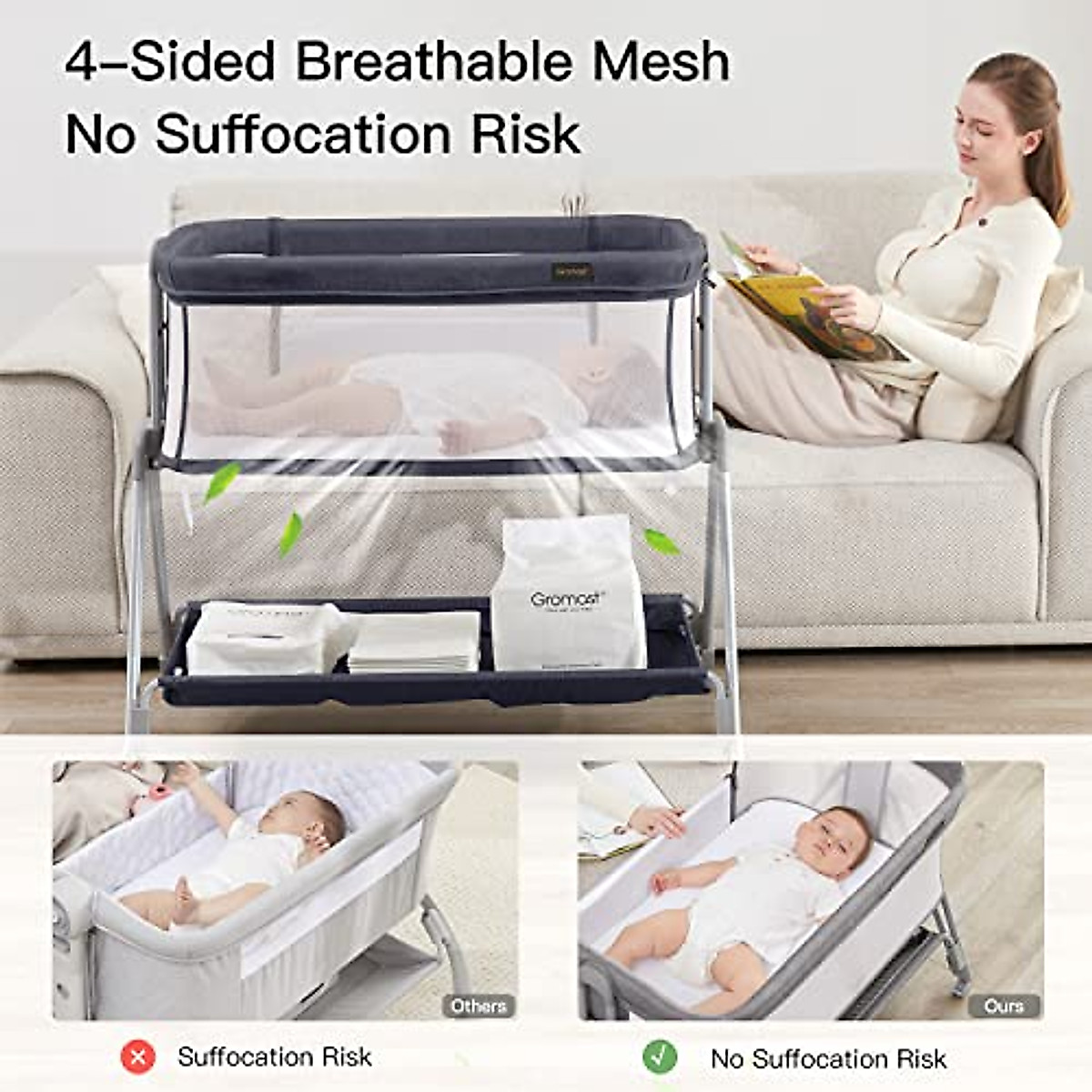 Baby Bassinets,Bedside Sleeper for Baby, Easy Folding Bedside Crib 7 Height Adjustable with All Mesh Baby Bed for Infant Newborn Girl Boy (Dark Grey)