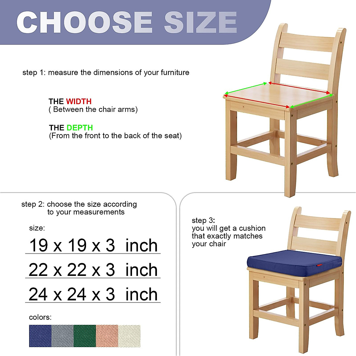 Pcinfuns Outdoor Chair Cushion 24 x 24 x 3 Inch Water Resistant & Fade Resistant Patio Furniture Cushions with Removable Cover and Adjustable Straps Set of 2,Deep Blue