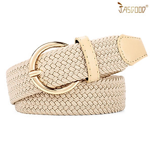 JASGOOD Women Braided Woven Elastic Stretch Belt Canvas Casual Belt for Jeans Pants, A-Beige