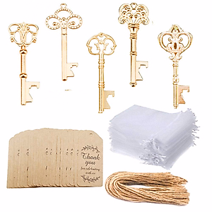 Awtlife 50 Pcs KC Gold Skeleton Key Bottle Opener 5 Style with Tag Cards Sheer Bag for Wedding Party Favors Christmas
