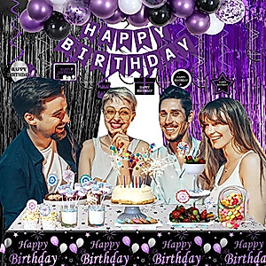 Birthday Party Decorations for Women Purple and Black, Happy Birthday Decorations for Women Girls Party Decoration Balloons Tablecloth Arch Kit White Confetti Balloon Foil Fringe Curtains Table Cover