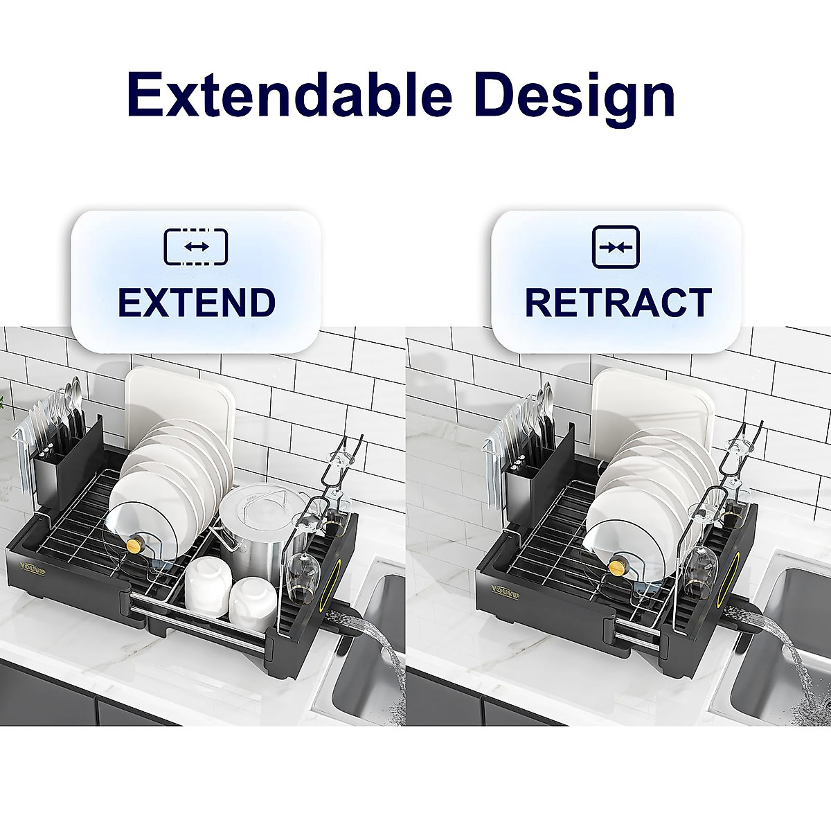Dish Drying Rack, Large Capacity Kitchen Counter Dish Rack, Auto-Drain Expandable(13.5"-22") Anti-Rust Stainless steels Dish Strainer with Drainboard, Wine Glass Holder and Utensil Holder, Black