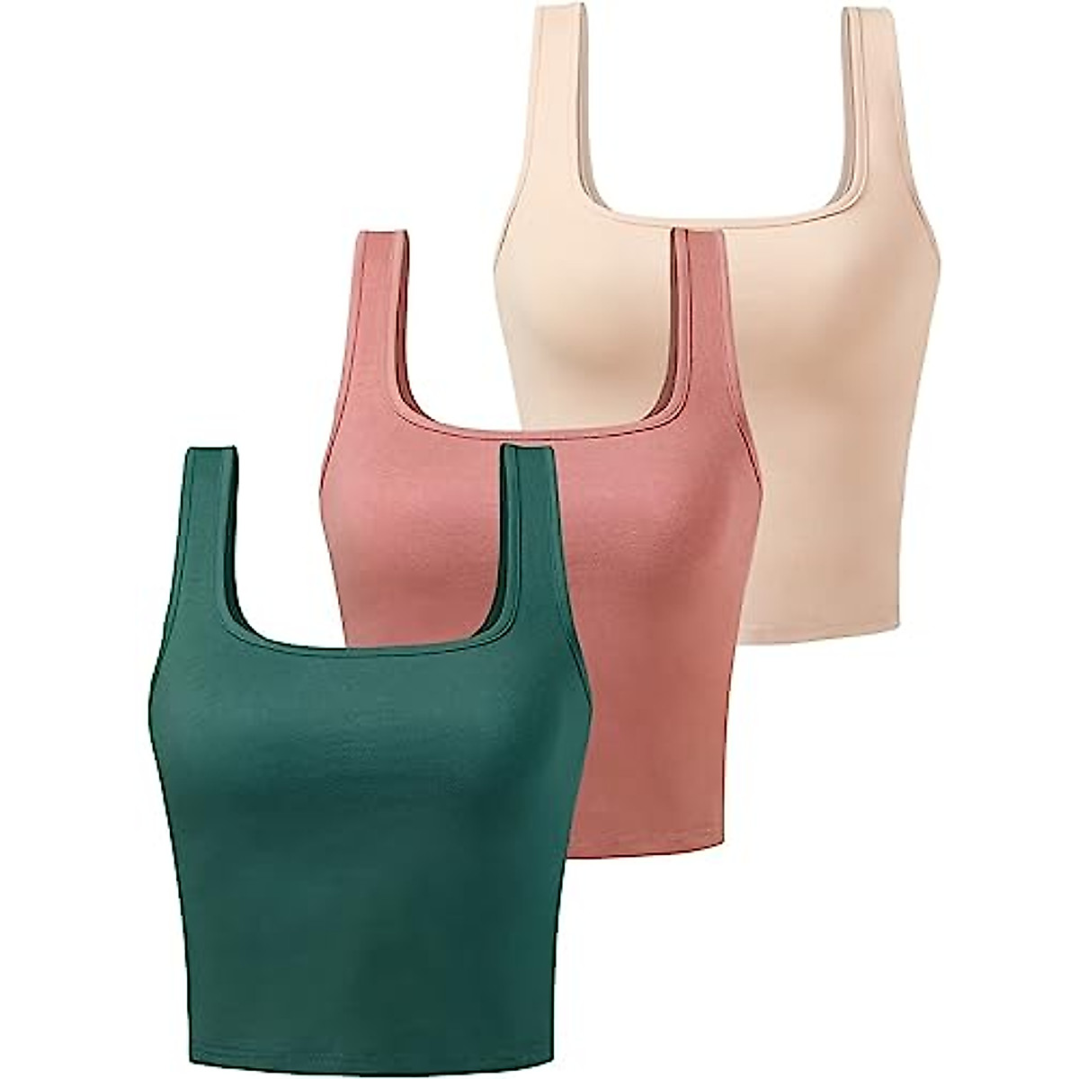 Porvike Crop Tops for Women Workout Tank Top Cropped Sleeveless Shirts Square Neck Tanks Basic Gym Exercise Clothes 3 Pack Coral/Beige/Emerald Green S