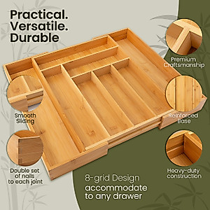 Bomba Bamboo Drawer Organizer – Premium Expandable Drawer Organizer for Cutlery and Kitchen Utensils – Natural Bamboo Wood Flatware and Cutlery Organizer – 8-Grid Silverware Tray for Drawer
