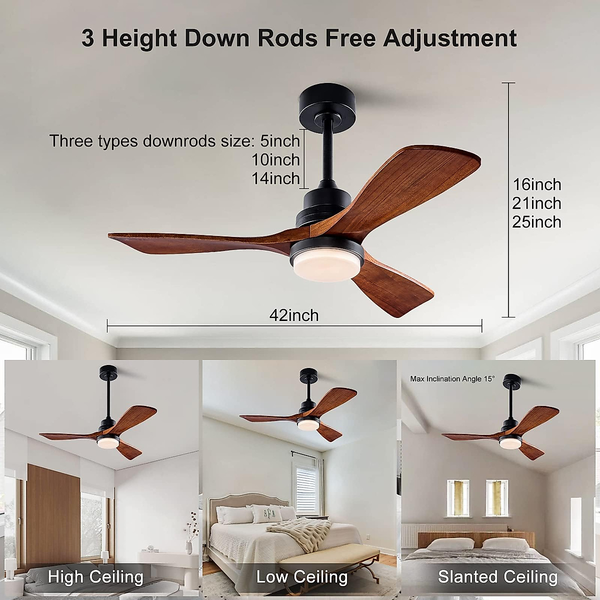 XBIBI 42 Inch Ceiling Fans with Lights and Remote, Dimmable, Modern 3 Blades Wood Ceiling Fan with Light, 6 Speed Quiet DC Motor, Indoor Outdoor Ceiling Fan for Patio Bedroom Kitchen Office
