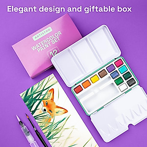 ARTISTRO Watercolor Paint Set 12 Colors, Travel Watercolor Set in Portable Box, Water Color Paint Sets for Kids, Mini Water Colors Paint Adult Set for Artists, Beginners, Amateur Hobbyists