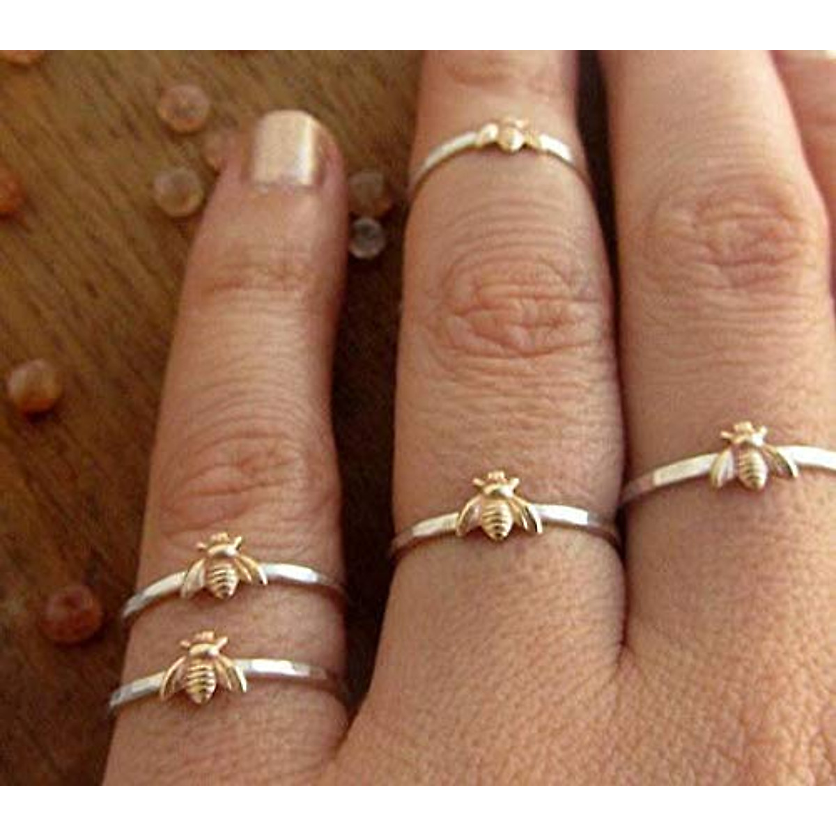 Metmejiao Fashion Cute Gold Bee Ring for Women Finger Wrap Around Craft Handmade Animal Lucky Honey Bee Knuckle Ring (6)