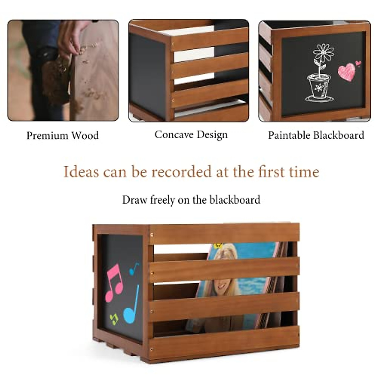 HYNAWIN Vinyl Record Storage Crate, Wooden Album Storage Holder Record Organizer Box, Brown