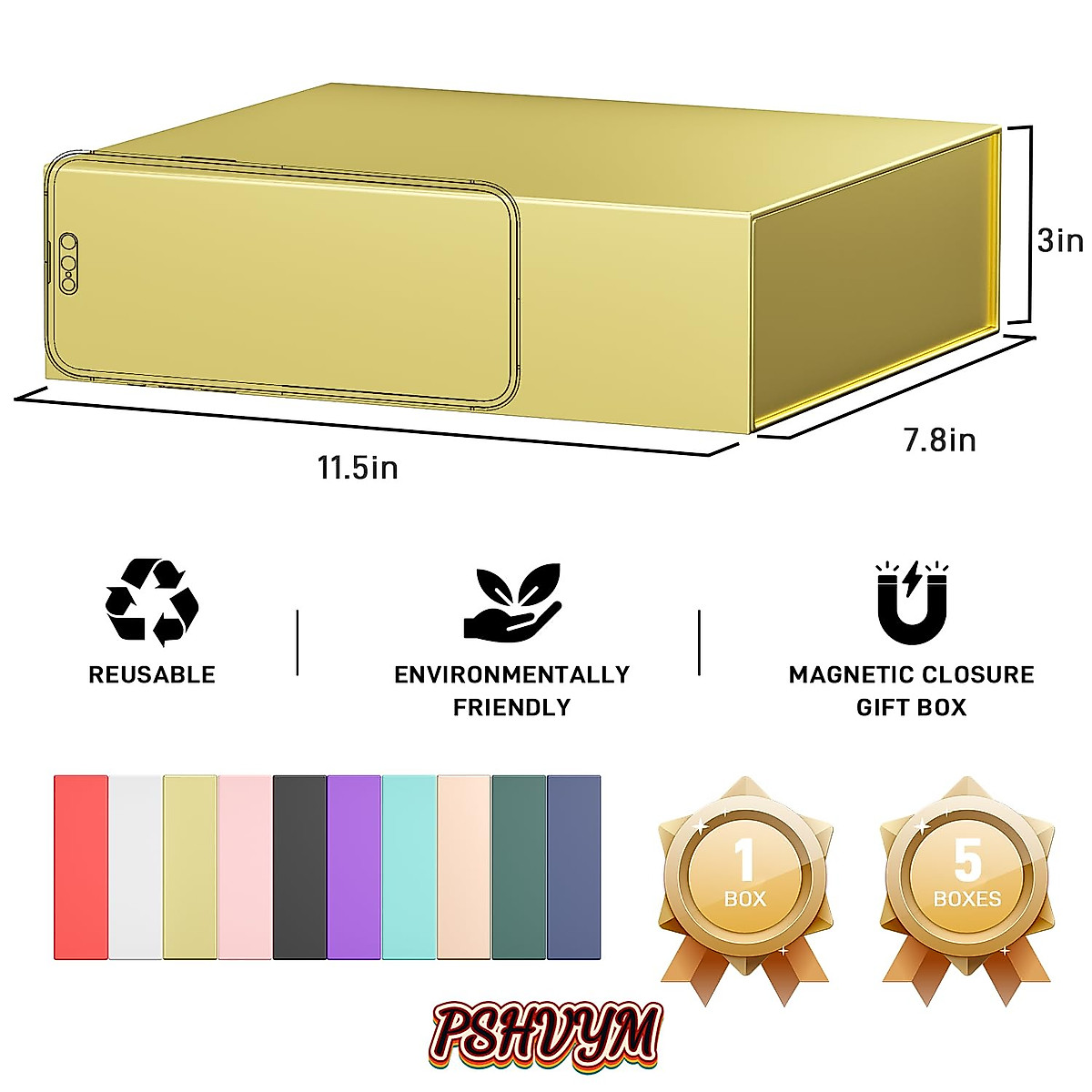 PSHVYM Gift Boxes with Lids, 11.5x7.8x3 In Gold Gift Box for Presents Magnetic Closure for T-Shirts, Gloves, Scarves, Books, Baby Clothes, Robes Clothing Gift Wrap, Contains Card, Ribbon