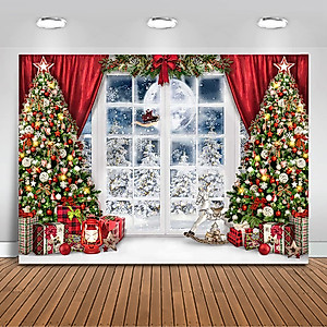 Mocsicka Christmas Window Backdrop for Photography Winter Xmas Trees Merry Christmas Party Decorations Photo Backdrops Xmas Night Santa Claus Photography Background (10x8ft)