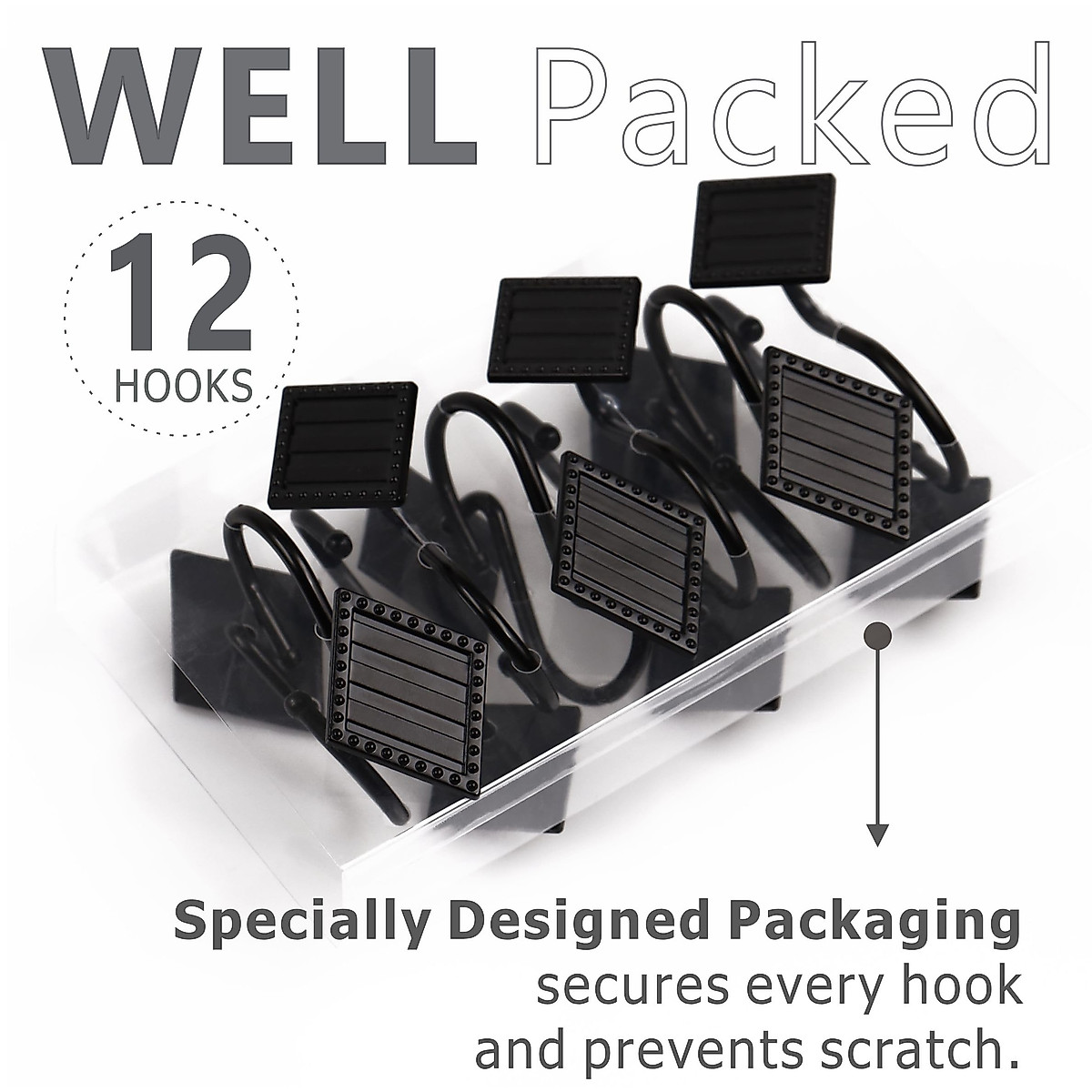 Popkozzi Grey Waffle Shower Curtain & Black Diamond Hooks - 72x72 Waterproof Washable Heavy Duty Fabric Shower Curtain - 12 PCS Rust Proof Metal Shower Curtain Rings (2 Item Bundle)