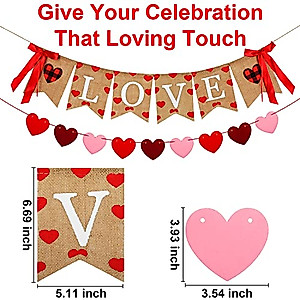 Valentines Day Banner Decorations, Valentines LOVE Burlap Banners with 1000Pcs Red Artificial Rose Flower Petal Heart Shape Banner Red Heart Confetti Balloons for Valentines Day Wedding Decorations