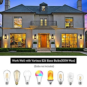 Outdoor Wall Light Fixtures, Exterior Waterproof Wall Lanterns, Porch Sconces Wall Mounted Lighting with E26 Sockets & Glass Shades, Modern Matte Black Wall Lamps for Patio Front Door Entryway, 2-Pack