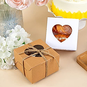 VGOODALL 14 PCS White and Brown Bakery Boxes with Window 4x4x2.5 Inches Cupcake Gift Boxes,18M Linen Ribbon for Bakery Wrapping Party Favor Packing Treat Box