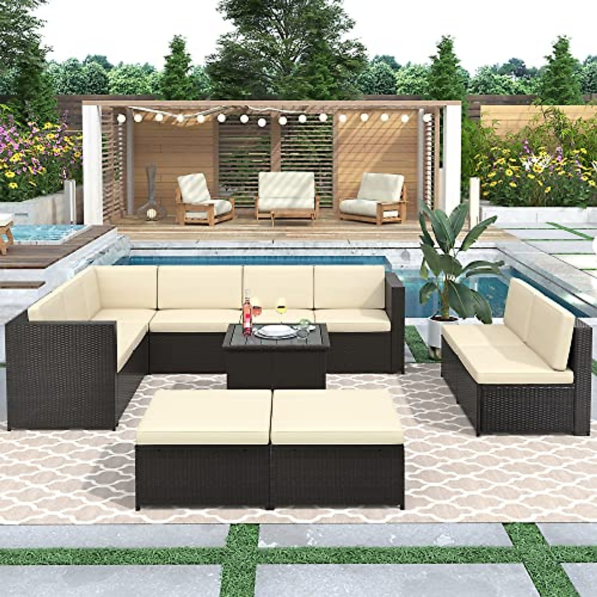 GINGVAT 9 Piece Rattan Furniture Sectional Seating Group with Table, Single Chairs and Ottoman, Outdoor PE Wicker Conversation Sofa Set, Brown+Beige