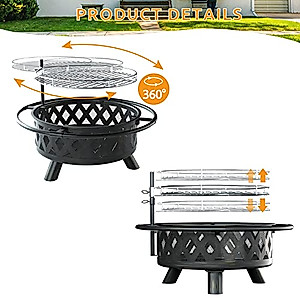 Amopatio Fire Pit for Outside, 30 Inch Large Outdoor Wood Burning Fire Pits, Patio Backyard Firepit with Steel BBQ Grill Cooking Grate, Spark Screen & Poker for Garden, Bonfire, Camping, Picnic