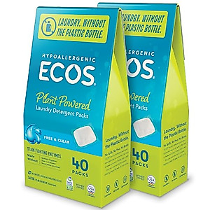 ECOS Laundry Detergent Packs, 80 Loads - 100% Plastic Free Packaging - Convenient No Mess Washing Soap Packs - Hypoallergenic for Sensitive Skin - Free & Clear